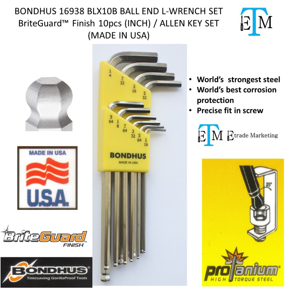 BONDHUS 16938 BLX10B BALL END L-WRENCH SET BriteGuard™ Finish 10pcs ...