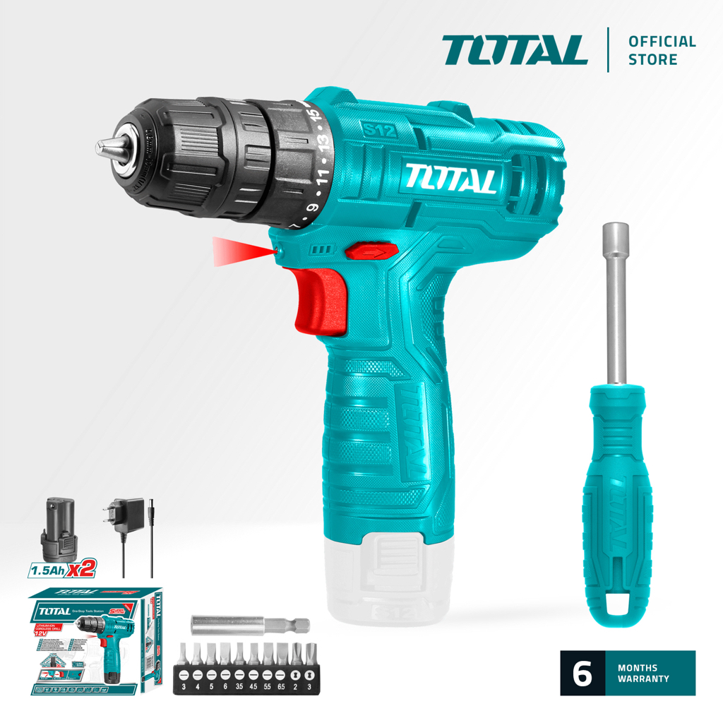 TOTAL Li-ion Cordless Drill-Battery (12V/2 Pcs) + Charger + Screwdriver ...