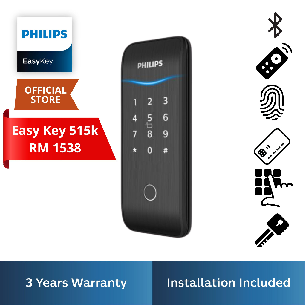 Philips Digital Lock Easy Key 5100 Series Rim Lock 515K (Grill Door ...