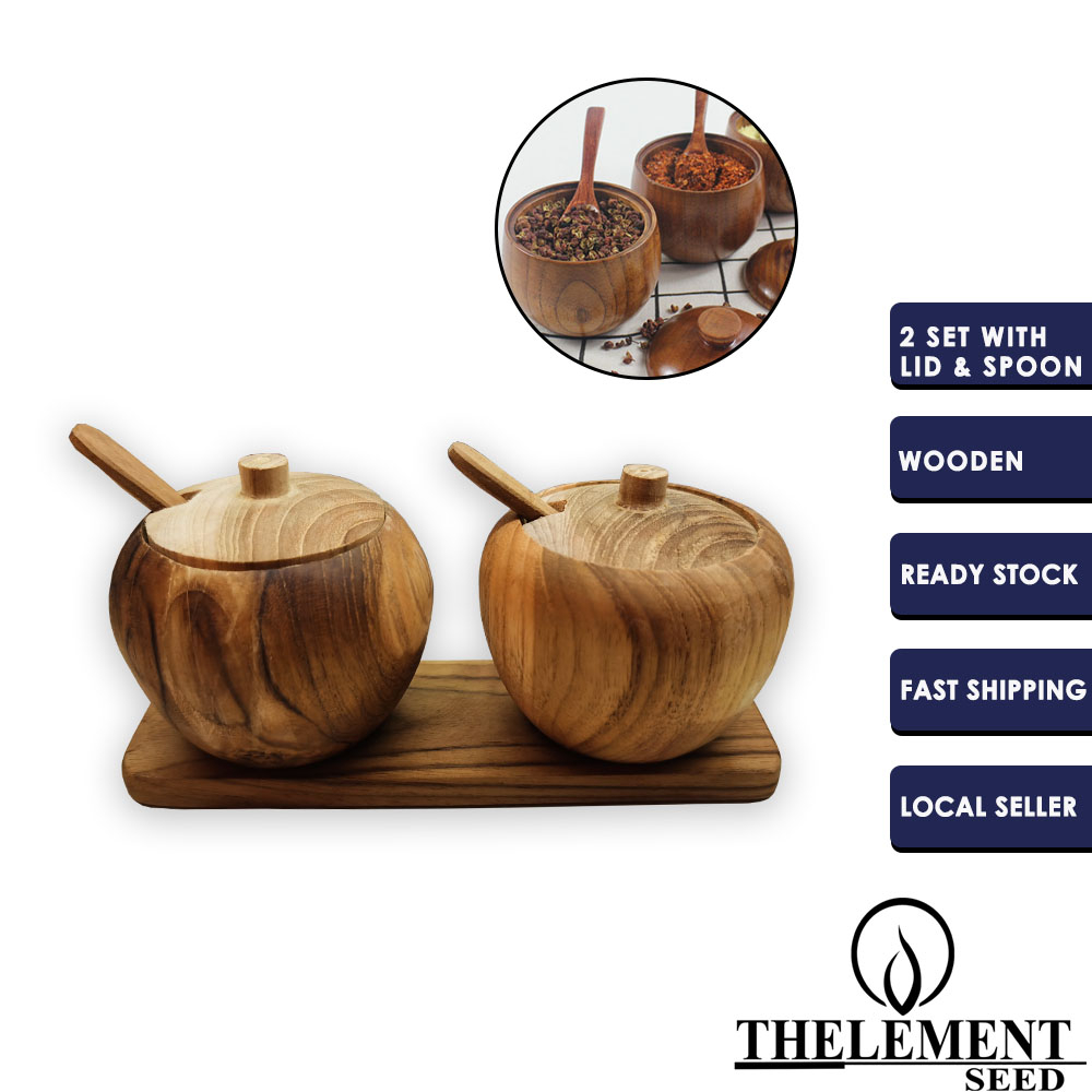 Natural Wooden Condiments Bowl With Lid & Spoon Seasoning Spice Bowl ...