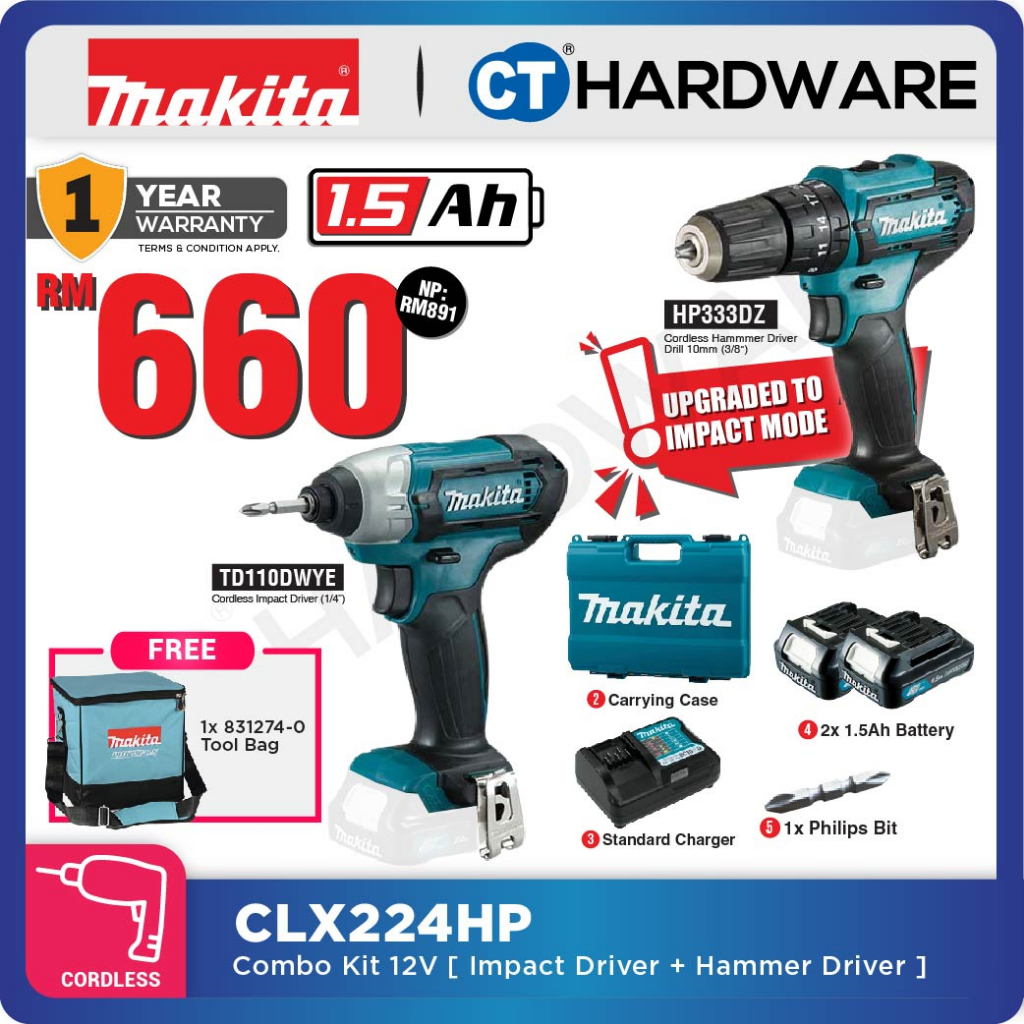MAKITA CLX224HP COMBO KIT 12V TD110D IMPACT DRIVER + HP333D HAMMER DRILL COME WITH 2x 1.5AH ...