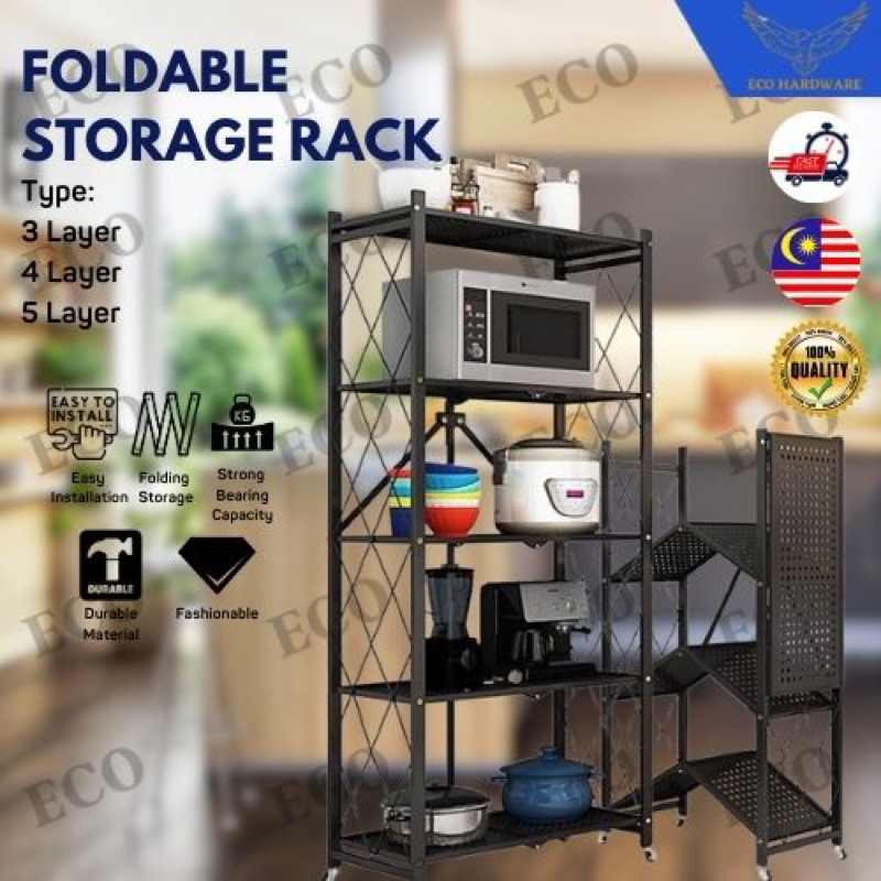 Foldable Storage Rack With Wheel Rak Dapur Besi Barang Kabinet ...