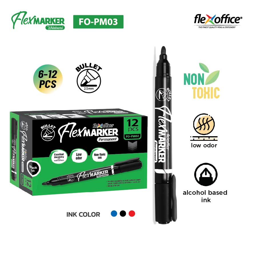 FlexOffice Flexmarker Permanent Marker Nib - Blue/Black/Red (1.5mm x 12 ...