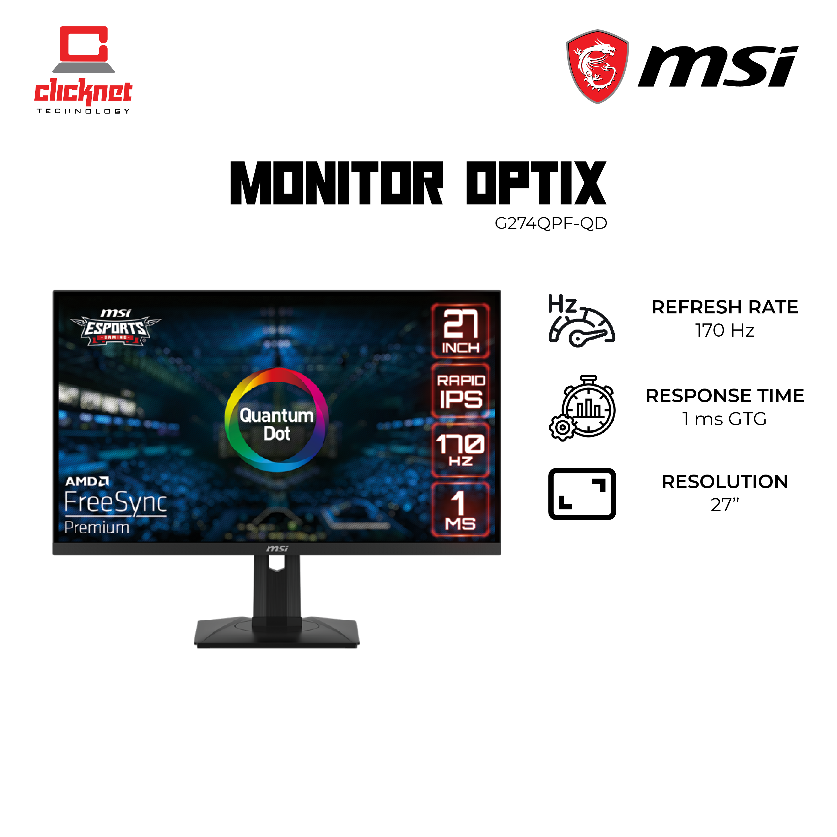 MSI GAMIMG MONITOR OPTIX G274QPF-QD 1MS 170HZ WQHD 2K 27" IPS /GAMING MONITOR 27" INCHES ...