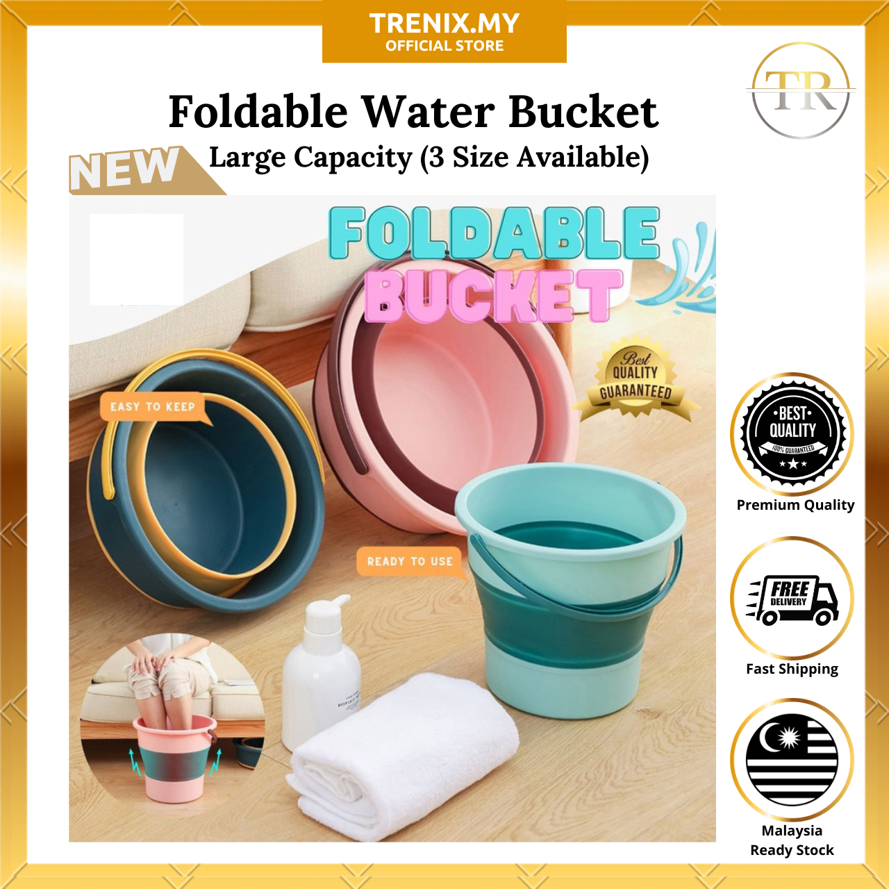 🆕 Foldable Water Bucket Pail Washing Cleaning Tong Baldi Lipat Large ...