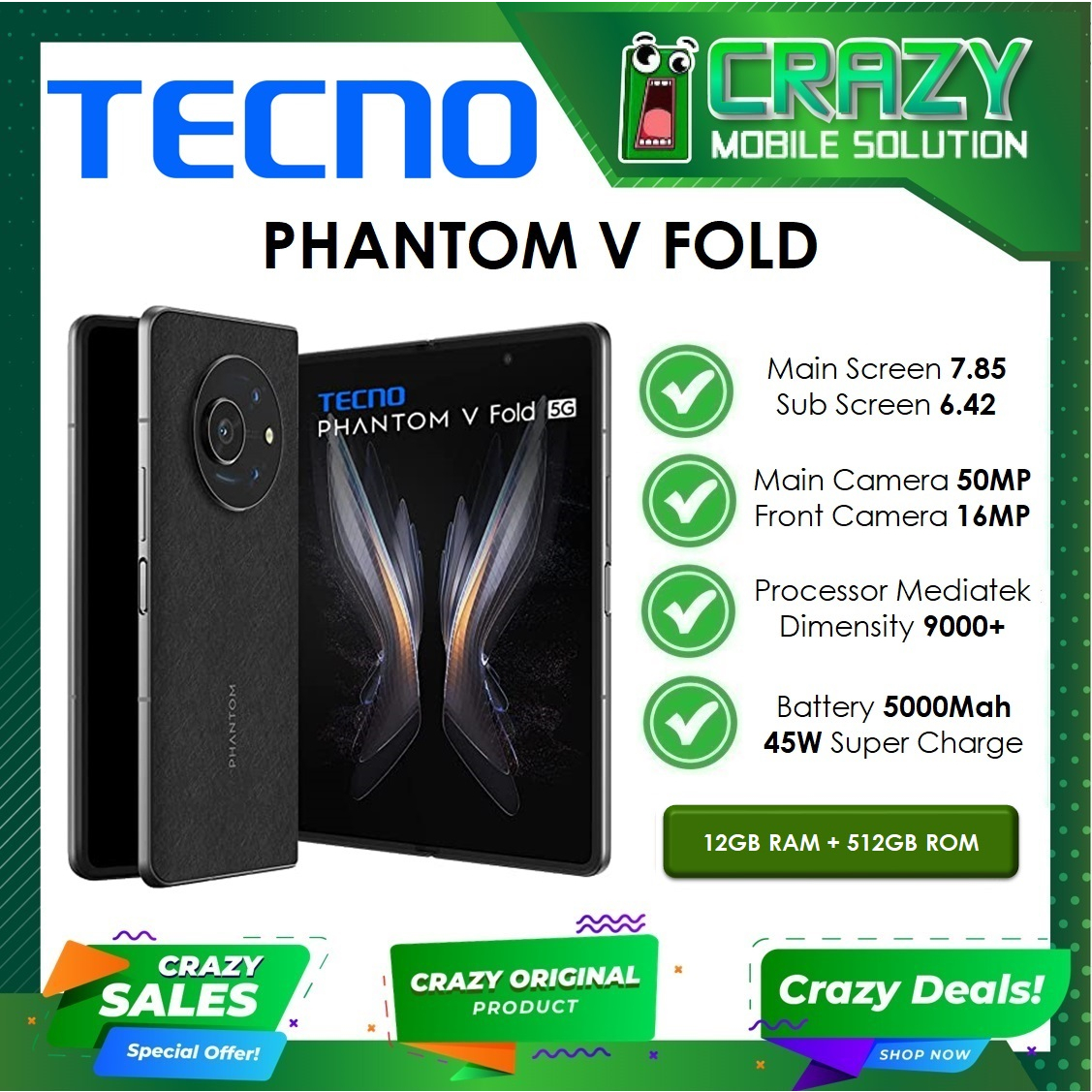 TECNO Phantom V Fold 5G (12GB+512GB) |7.85" FHD+ Display I Dimensity 9000+ I Foldable Dual 120Hz ...