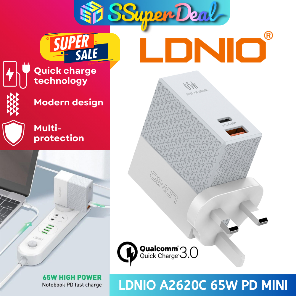 LDNIO A2620C 65W PD MINI QUICK CHARGER FAST CHARGING USB C+A | Shopee ...