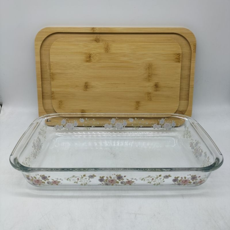 RECTANGULAR GLASS BAKEWARE W/WOODEN LID 1.6L/2.2L/3L | Shopee Malaysia