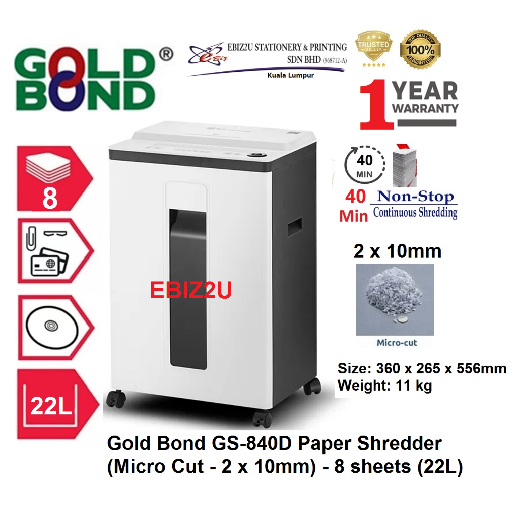 Gold Bond GS-840D Paper Shredder Micro Cut 2x10mm 8 sheets (22L) Heavy ...