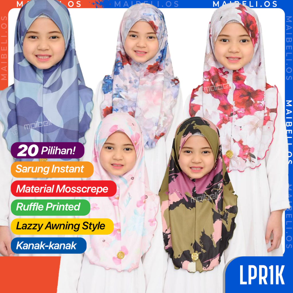 Tudung Sarung Lazy Ruffle Printed Kanak-kanak | Tudung Budak | Moscrepe ...