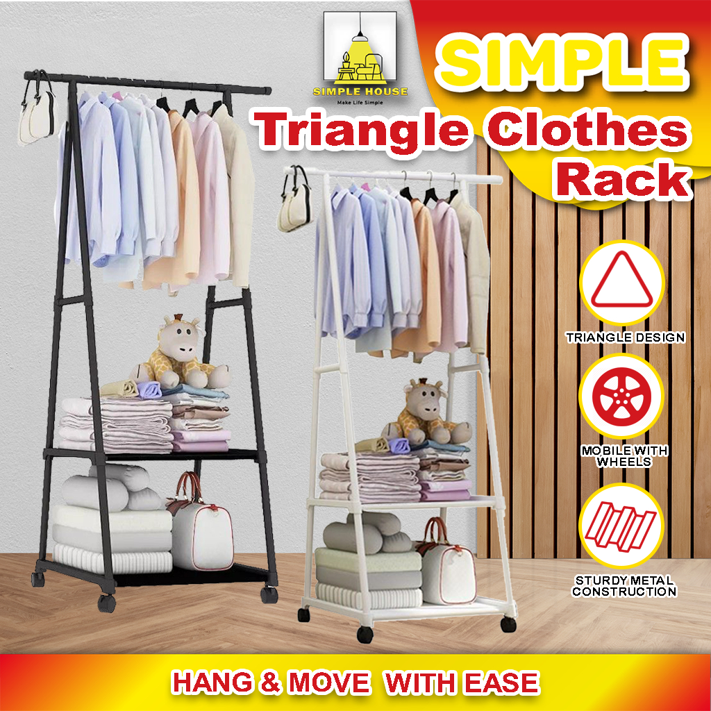 𝗦𝗜𝗠𝗣𝗟𝗘 TRIANGLE EASY MOVE Metal Clothes Rack Hanger With Wheels / Rak ...