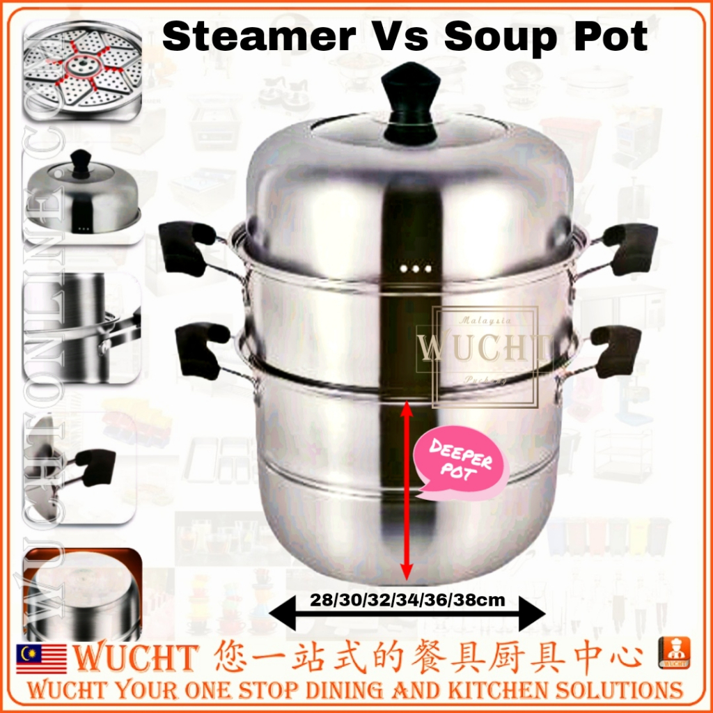 【WUCHT】Stainless Steel 3-Tiers Steamer Pot Steaming Pot Cookware 厚蒸锅 Periuk Kukus Tebal 28cm ...
