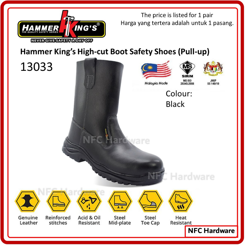 HAMMER KING'S 13033 High-cut Boot Safety Shoes Black (Pull-up) | Shopee ...