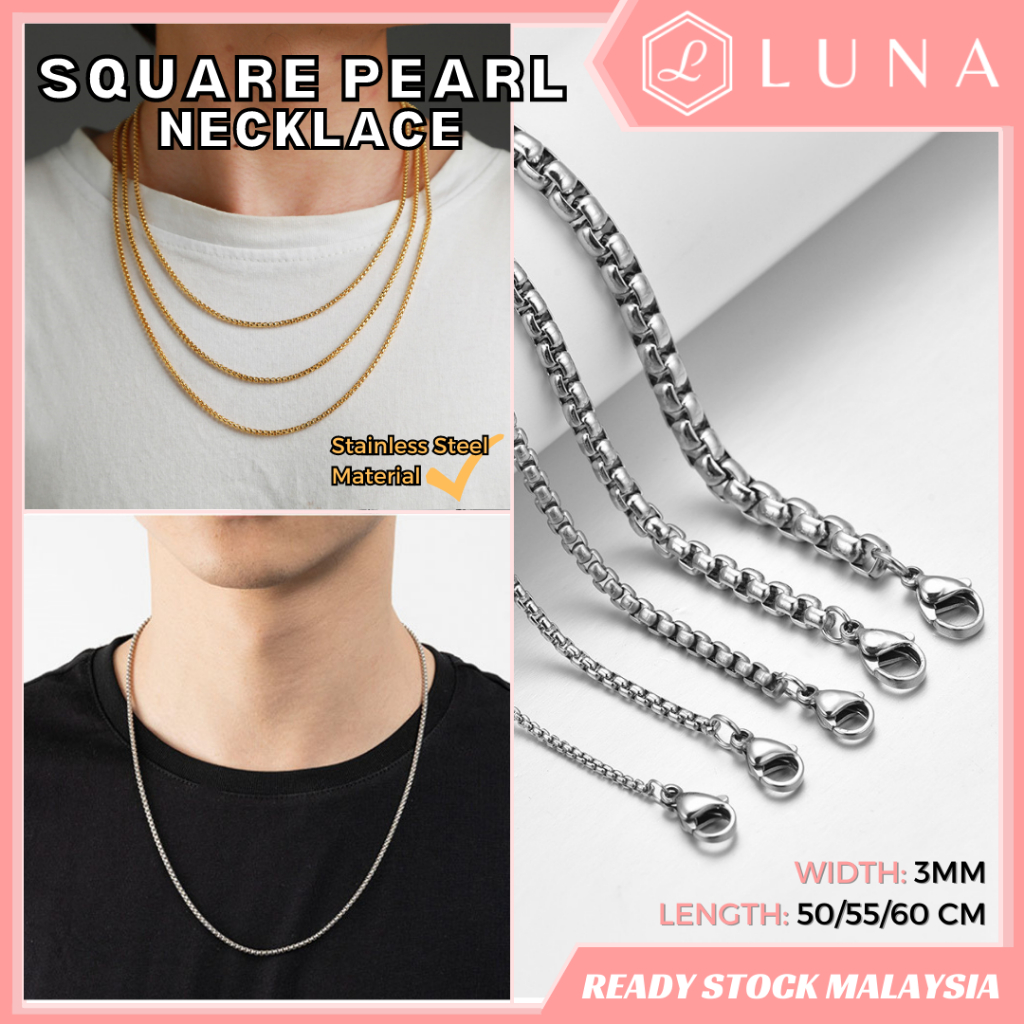 LUNA SQUARE PEARL CHAIN Stainless Steel necklace fashion couple for men ...
