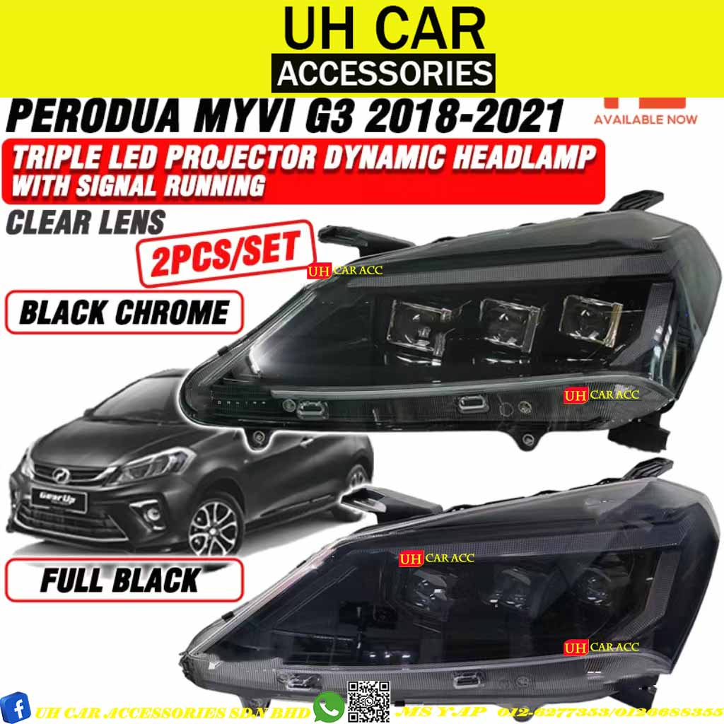 PERODUA MYVI G3 2018-2021 TRIPLE LED PROJECTOR DYNAMIC HEADLAMP WITH ...