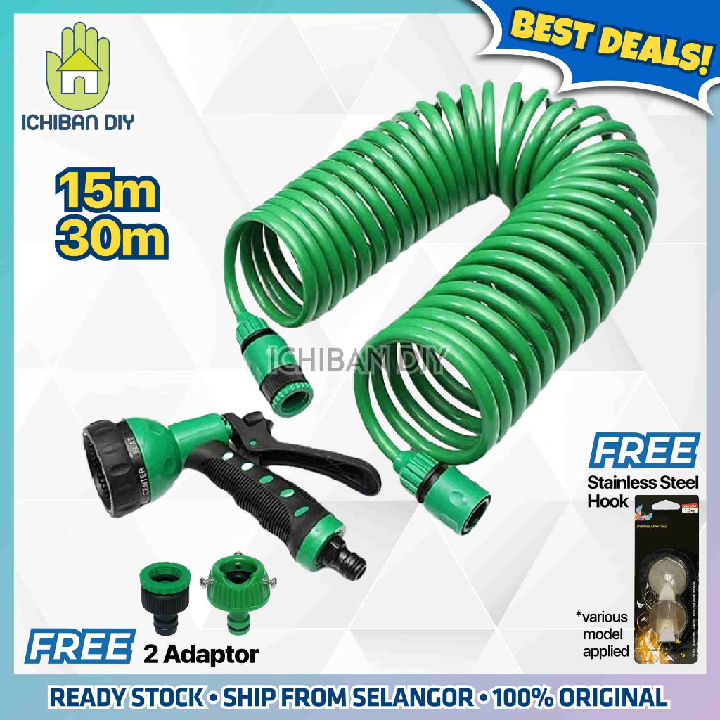 15m/30m Gardening Coil Hose Spray Nozzle Spiral Garden Sprayer Water ...