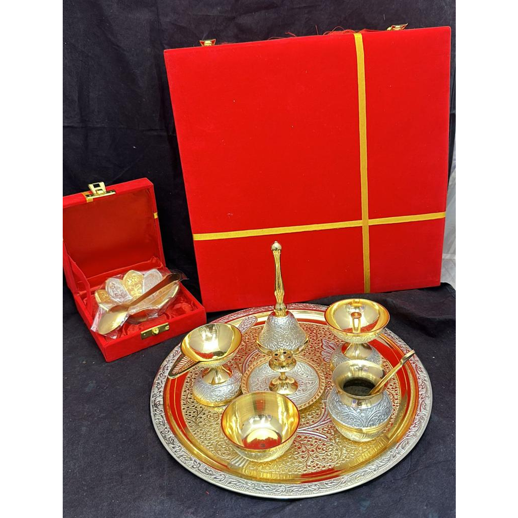 Pooja Set Full Brass Gold and Silver plating with Red Velvet Box (Free ...
