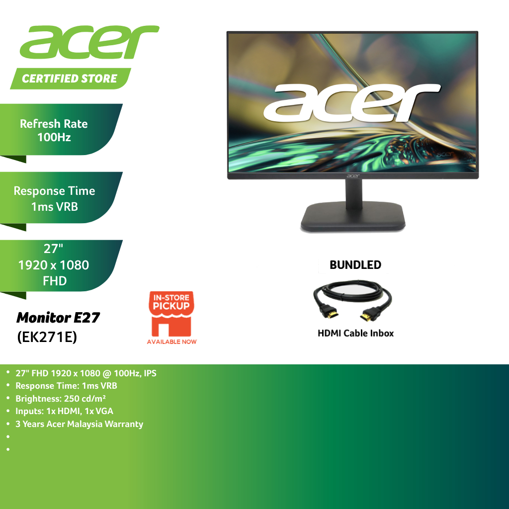 Acer EK271G 27'' FHD 120Hz Flat Monitor ( Speaker, HDMI, VGA, 3 Yrs ...