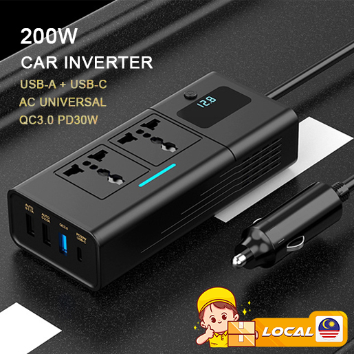 200W Car Power Inverter 12V to 240V AC Universal Socket USB-C/A QC3.0 ...
