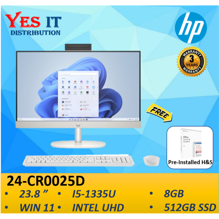 HP 24-cr0025d 23.8" FHD All-in-One Desktop PC Shell White (i5-1335U ...