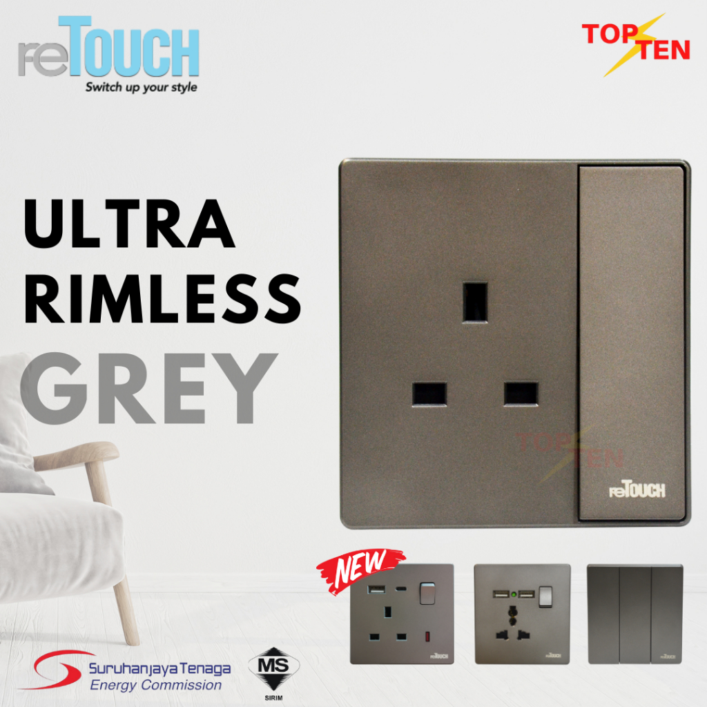 Grey Retouch Ultra Rimless Switch 1/2/3/4 Gang Wall Socket 13A 20A USB ...