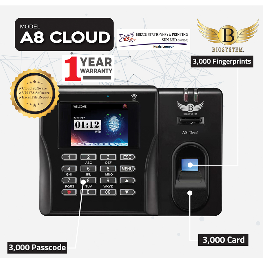BIOSYSTEM A8 CLOUD FINGER PRINT RECOGNITION TIME ATTENDANCE - Finger, ID Card & Password ( mesin ...