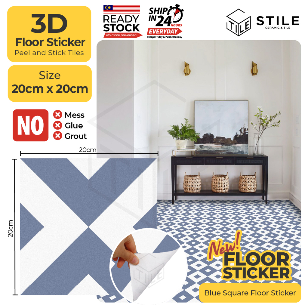Blue Square Floor Sticker Waterproof Wallpaper Self Adhesive Kitchen ...