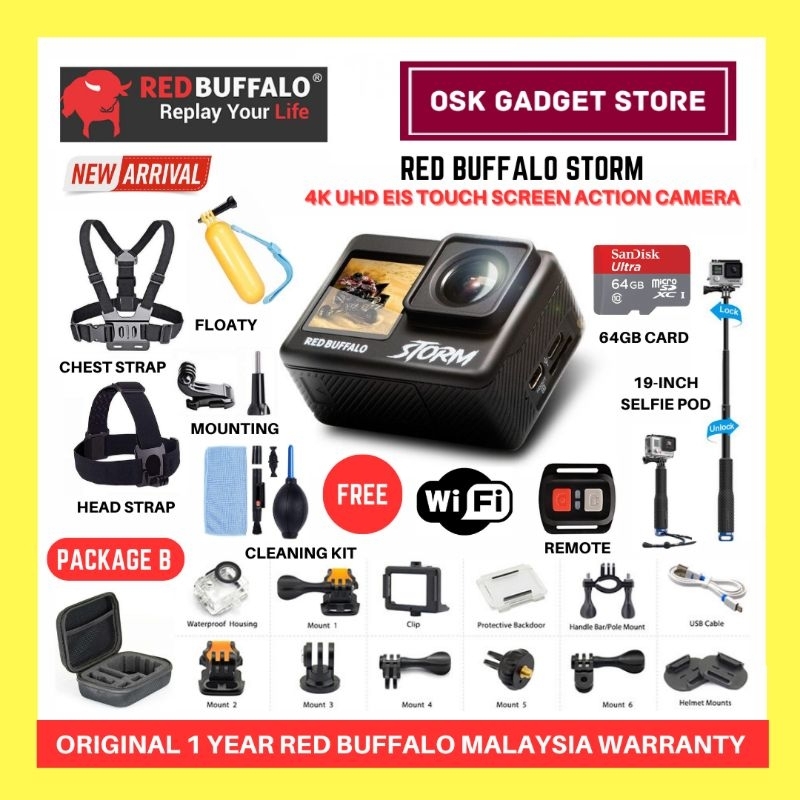 New | Red Buffalo Storm 4K UHD Action Camera | 4K 24MP | EIS Stabilizer | 50m Waterproof | 1 ...