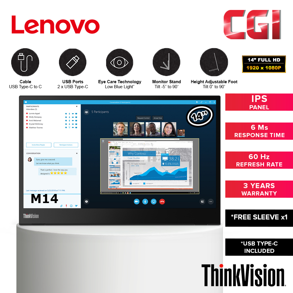Lenovo ThinkVision M14 USB-C Mobile Monitor (14") 61DDUAR6WW | Shopee ...
