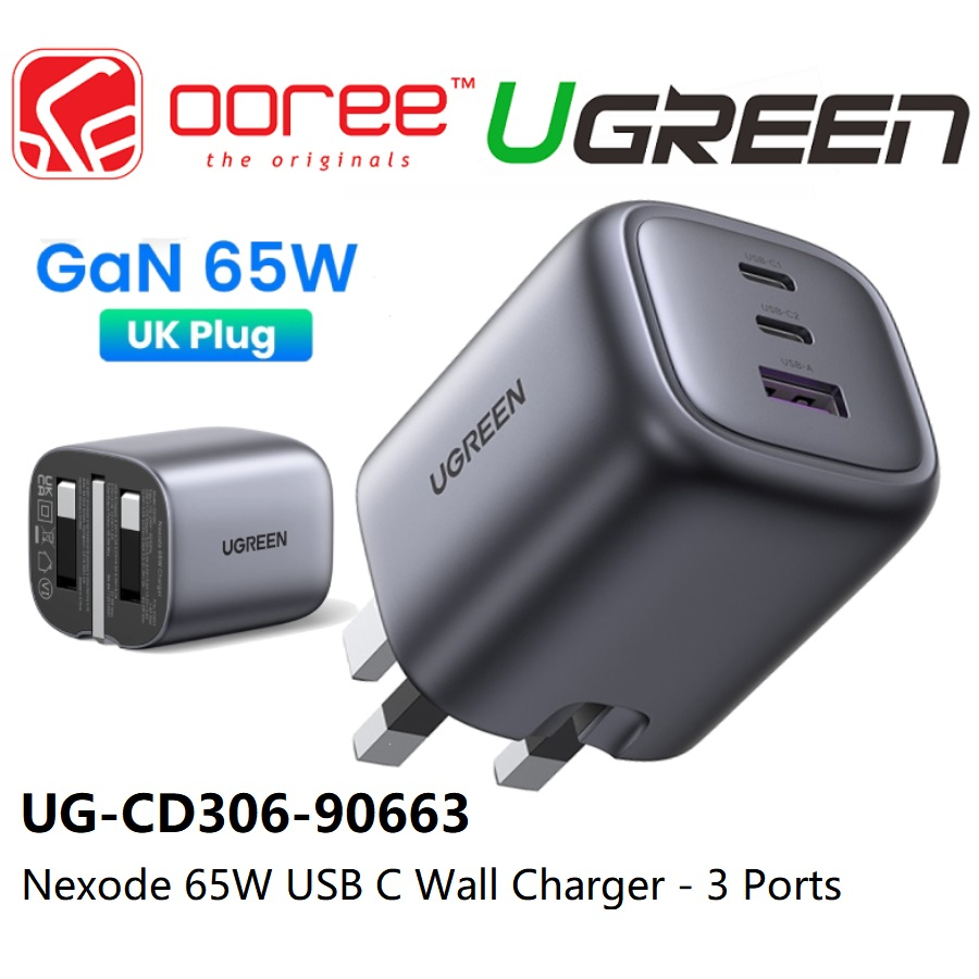 UGREEN CD306 USB C CHARGER 65W FOLDABLE NEXODE GAN 3-PORT CHARGER UK PLUG FAST POWER ADAPTER ...