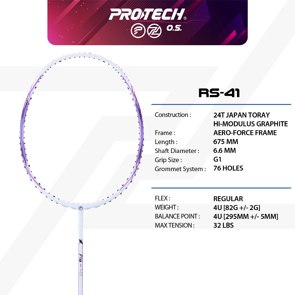 PROTECH Badminton Racket - RS41 (4UG1)(MAX 32LBS)(FREE String + Grip ...