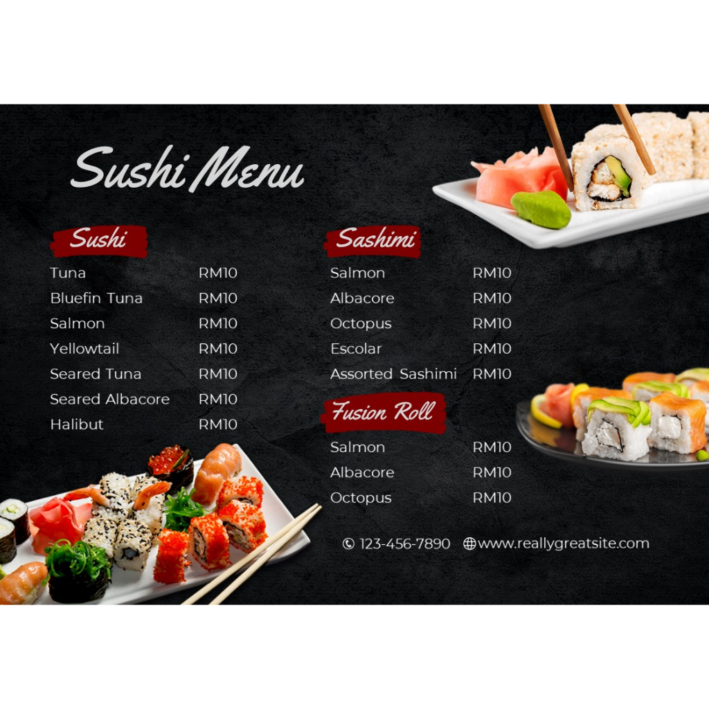 MENU LIST TEMPLATE [EDITABLE] Black Texture Photo Sushi Food Menu ...