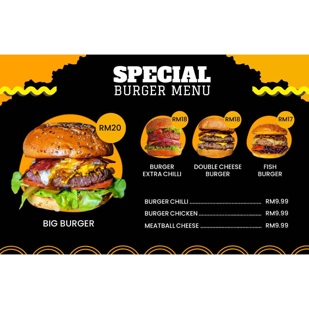 MENU LIST TEMPLATE [EDITABLE] Black Yellow Modern Special Burger Menu ...
