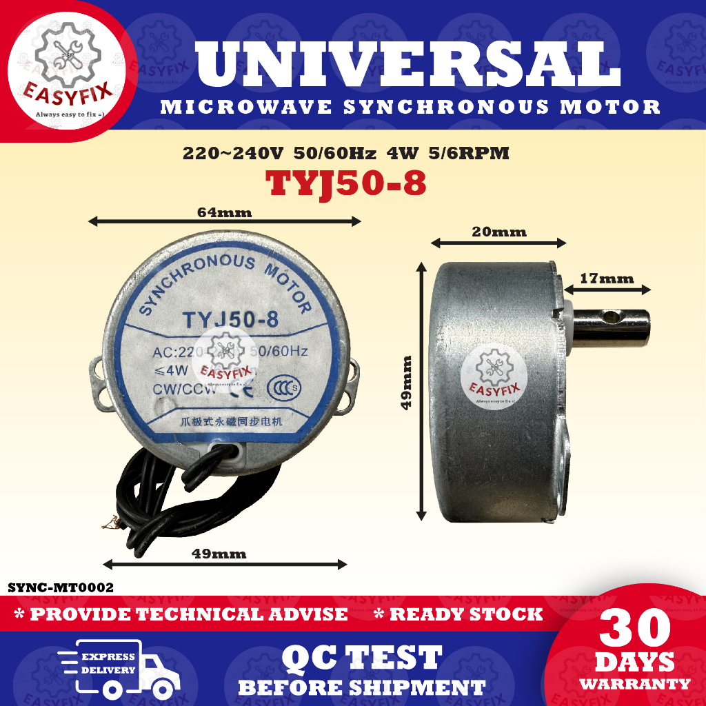 (5/6 RPM) TYJ50-8 UNIVERSAL MICROWAVE SYNCHRONOUS MOTOR 220~240V, 50 ...