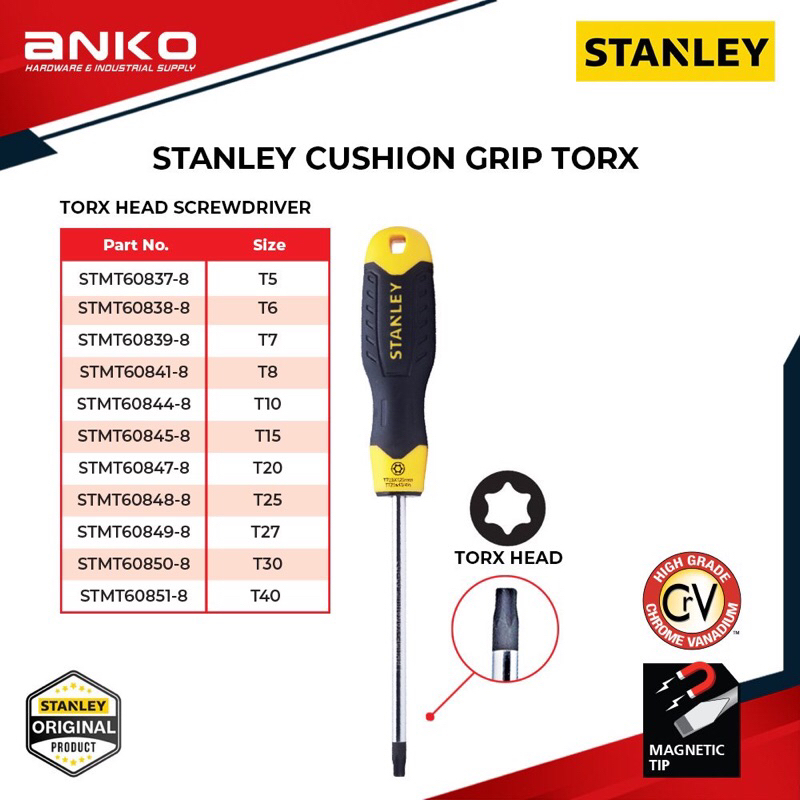 STANLEY CUSHION GRIP TORX SCREWDRIVER ( T5 | T6 | T7 | T8 | T10 | T15 | T20 | T25 | T27 | T30 ...
