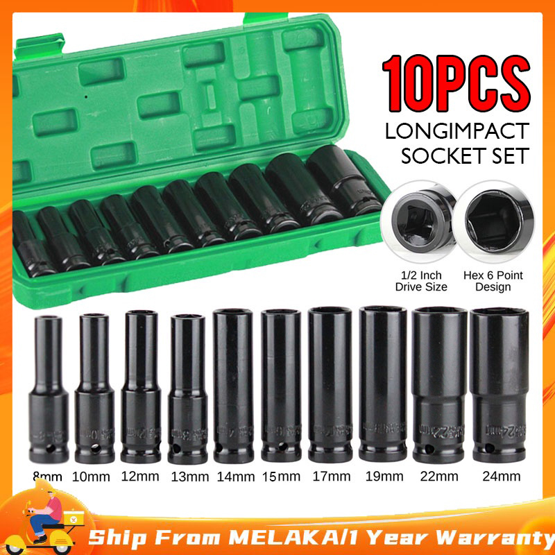 10PCS 1/2 Inch Long Impact Socket Set Black Deep Box Set Tool Set ...