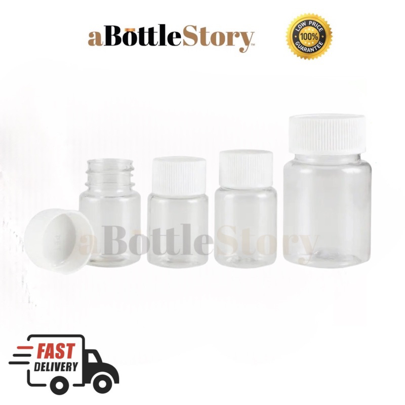 WHITE SCREW CAP Medicine Capsule Plastic Bottle Transparent Container ...