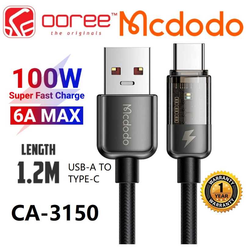 MCDODO CA-3150 AUTO POWER OFF 6A 100W TYPE C CABLE SUPER CHARGE TRANSPARENT CABLE 1.2 METER WITH ...