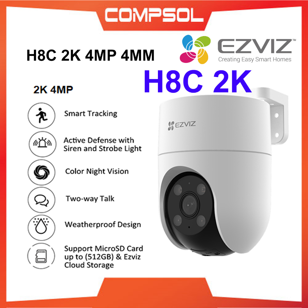 EZVIZ H8C 2K 1440P 4MP 4MM Pan & Tilt Rotate 360° Outdoor Night Vision Two Way Talk Wi-Fi Smart ...