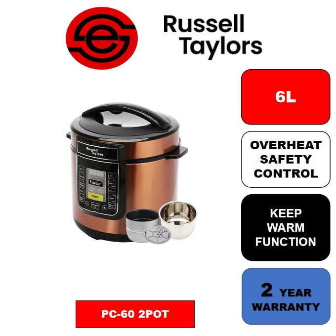 Russell Taylors Dual Pot Pressure Cooker Rice Cooker 2 Pots + Steam (6L ...