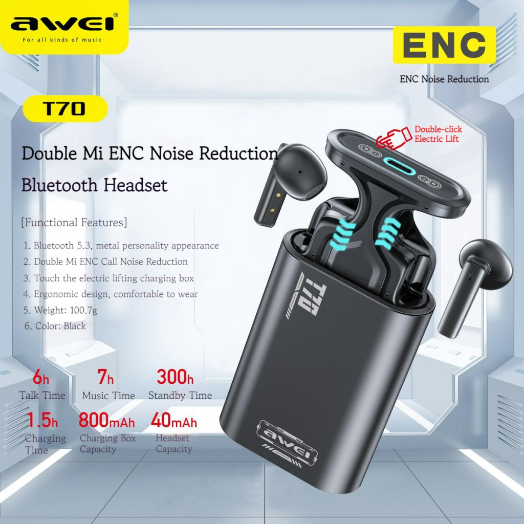 AWEI T70 ENC TWS Wireless Bluetooth 5.3 Gaming Earbuds / Dual Mode / ENC Calls Noise Reduction ...