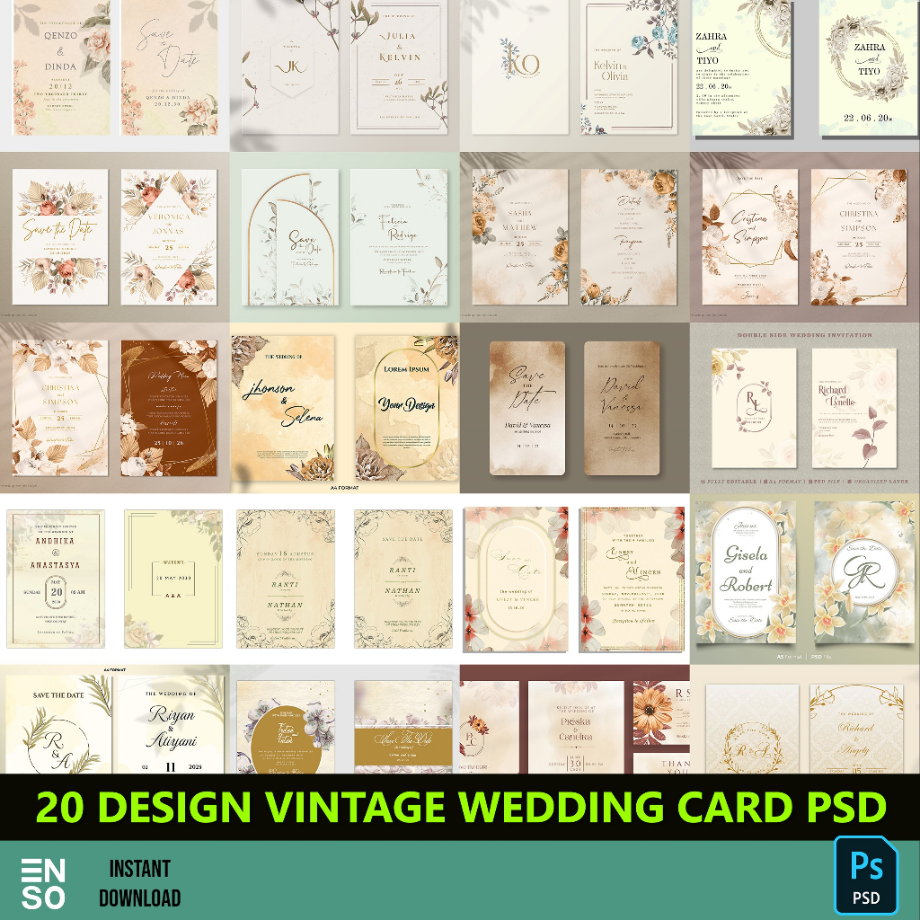 20-Set Vintage Wedding Invitation Card PSD Editable File | Wedding Card ...