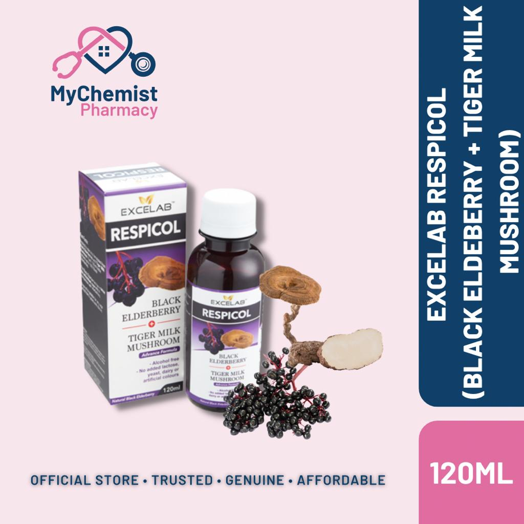 Excelab Respicol 120ml Elderberry + Tiger Milk Mushroom EXP 09/25 untuk ...