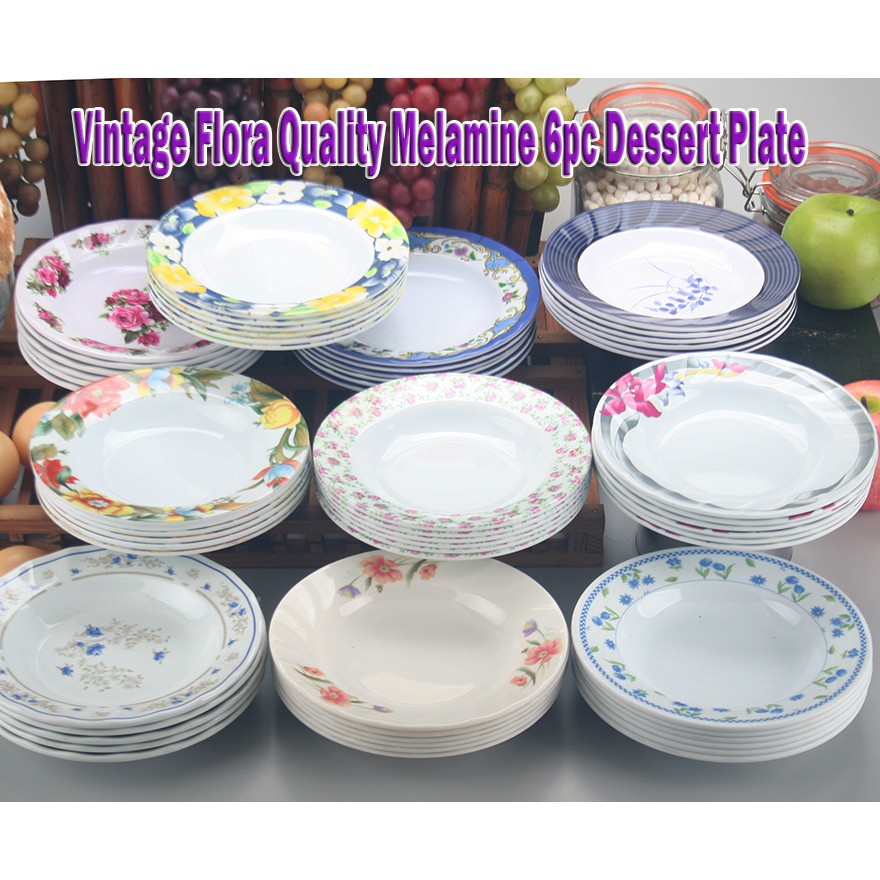 6 PC 7" QUALITY MELAMINE VINTAGE FLORA DESSERT PLATE SET SE61856 ...