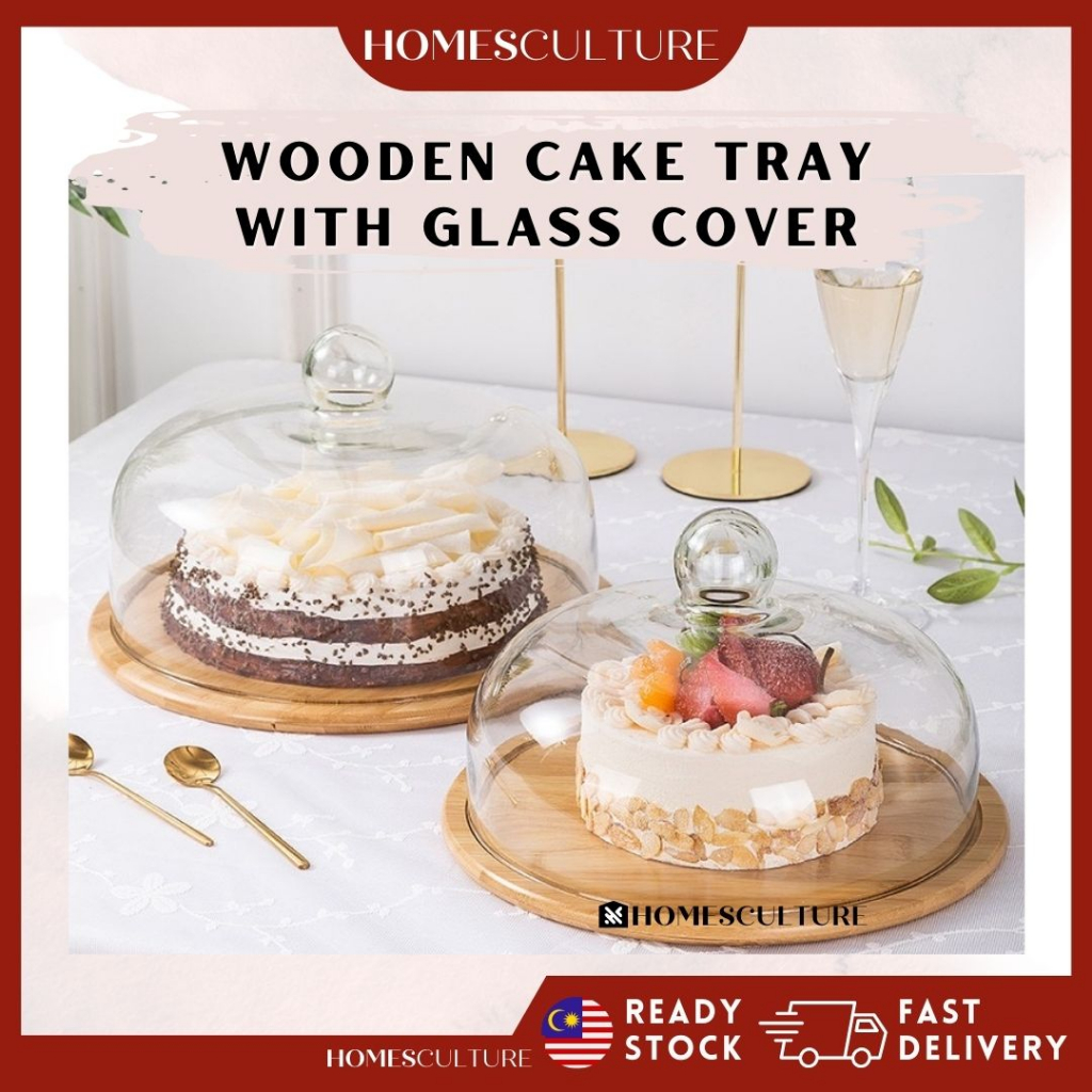 MELL Wooden Cake Desert Tray Plate with Glass Cover Bamboo Cakes ...