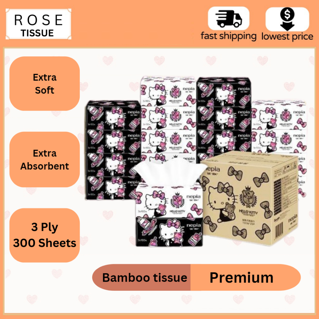 300 Sheets/Pack Hello Kitty Bow Tie Series 3layers Pure Wood Pulp Soft ...