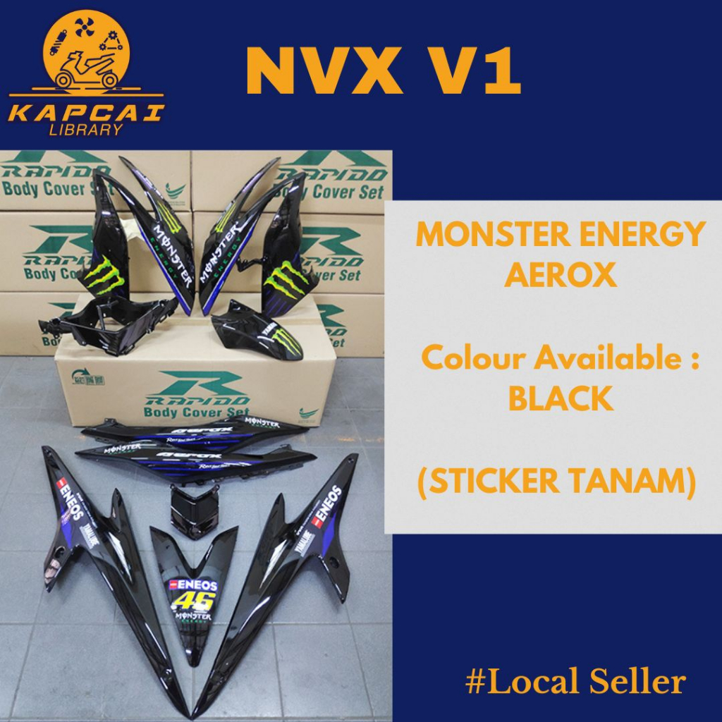 Rapido NVX V1 Monster Energy Aerox Coverset ( Sticker Tanam) BLACK ...