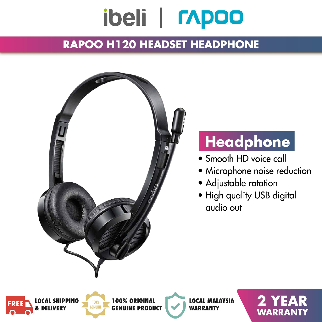 Rapoo H120 USB Wired Stereo Headset Headphone Black - 2 Years Warranty ...