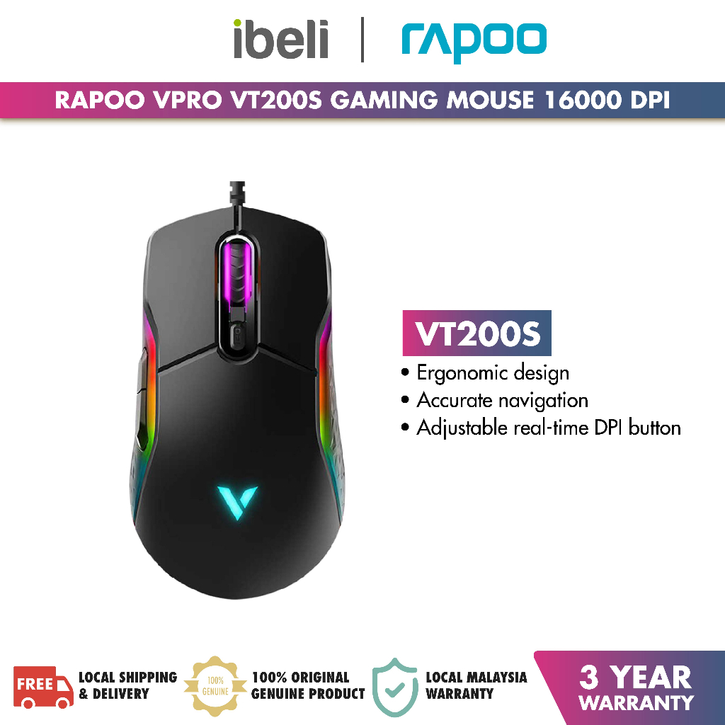 Rapoo Vpro VT200S IR Optical Wired Gaming Mouse Up to 16000 DPI - 3 ...