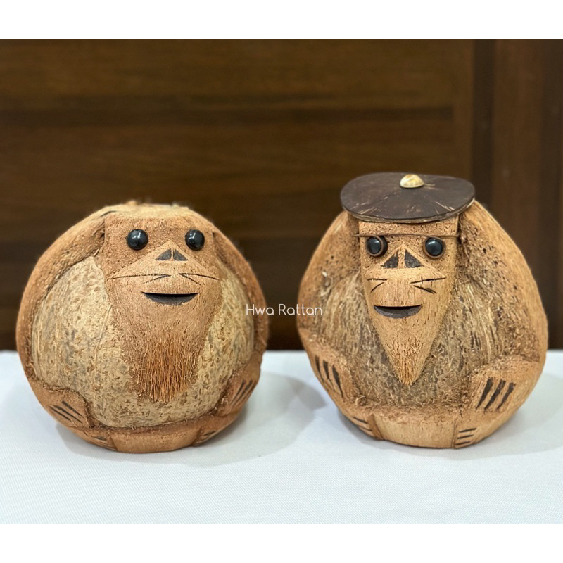 Dried coconut handcarve handcraft money decor display fat round monkey ...
